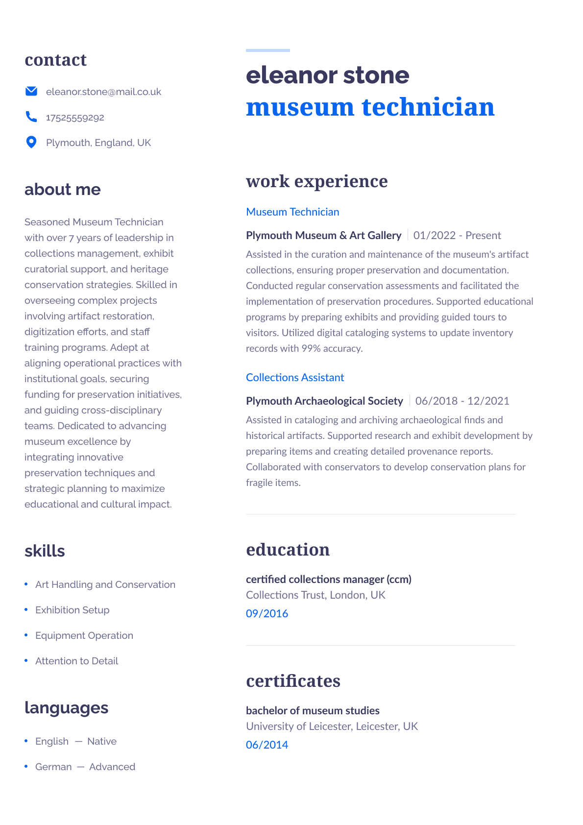 Museum Technician Resume Template & Examples | Easy to Use