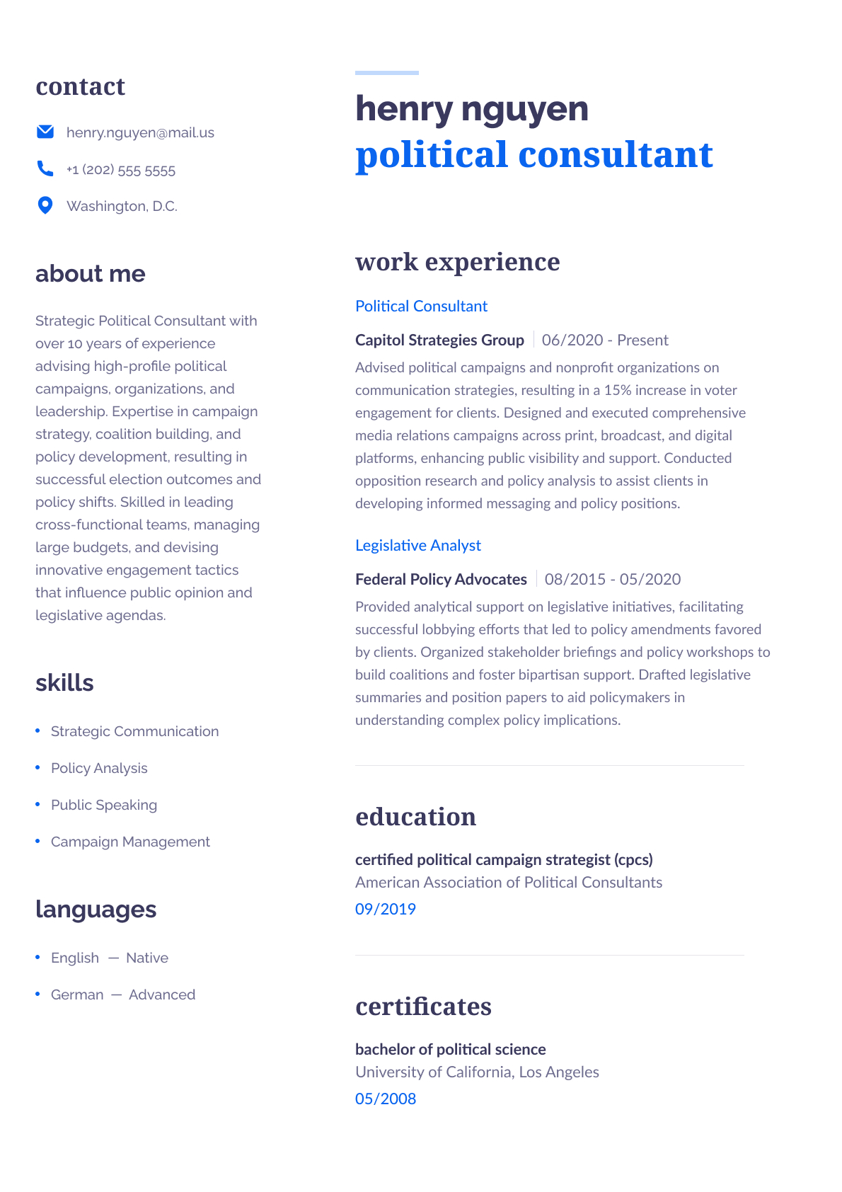 Political Consultant Resume Template & Examples | Get Hired